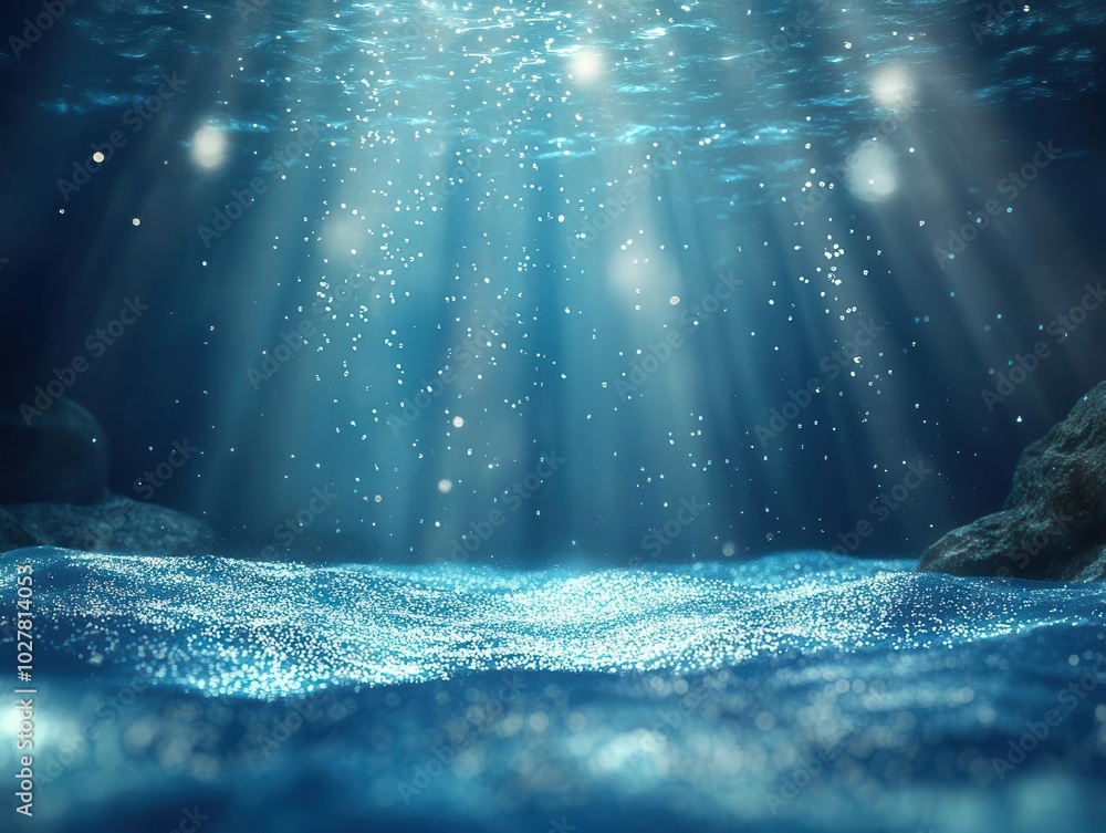 mystical underwater scene illuminated by soft blue glows, featuring ...