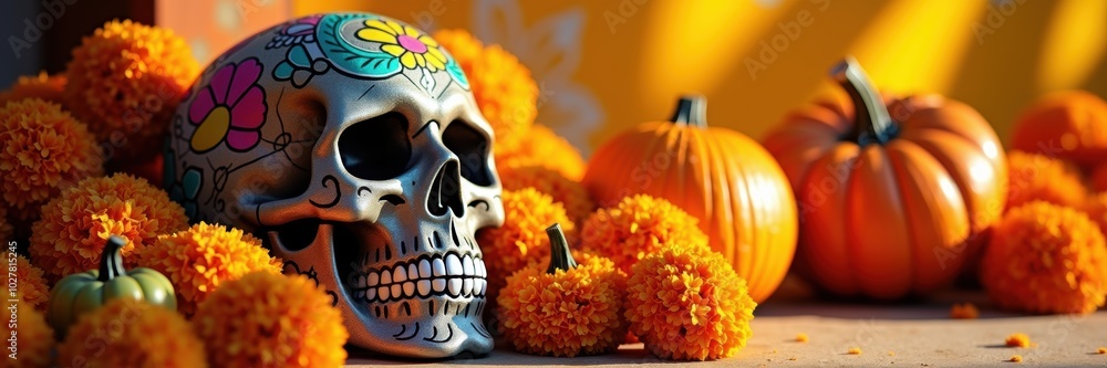 Un cráneo decorativo junto a flores de cempasúchil y calabazas ...