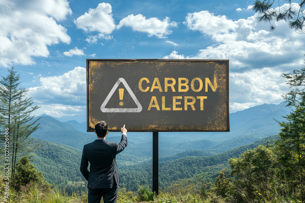 A man pointing at a sign that says Carbon Alert. ESG Environmental ...