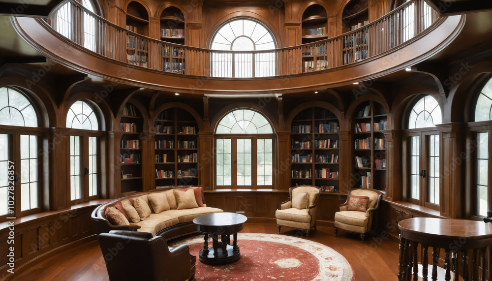 Two-story home library in circular Renaissance-style turret with curved staircases hidden rooms ...
