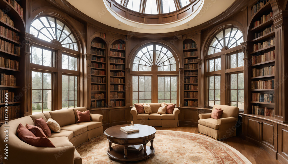 Two-story home library in circular Renaissance-style turret with curved ...