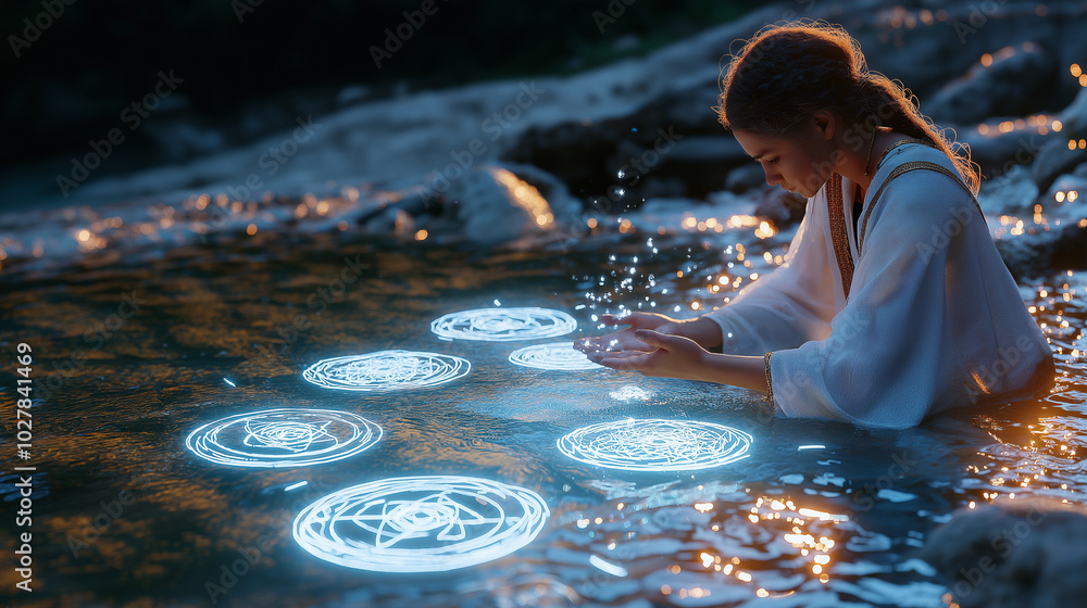 Magical glyphs appear on a river's surface as a sorceress blesses the ...