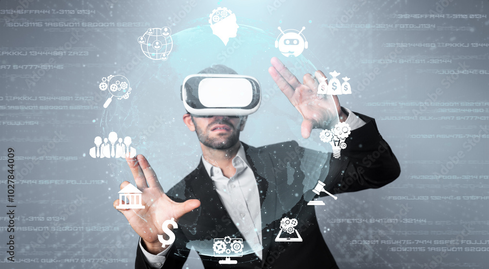 Caucasian business man using chat bot to support and assistant ...