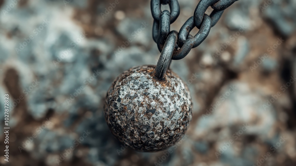 The image portrays a heavy stone ball tethered by a thick, robust chain ...