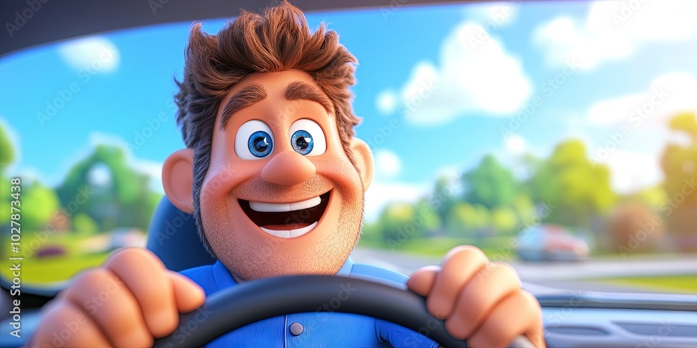 happy-looking man gripping the steering wheel of his car while driving ...