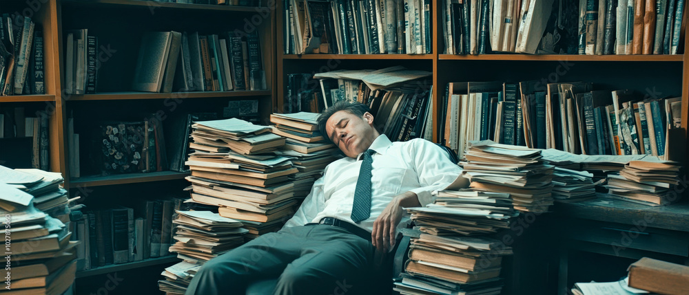 Tired office worker dozing off amid stacks of papers and books in a ...
