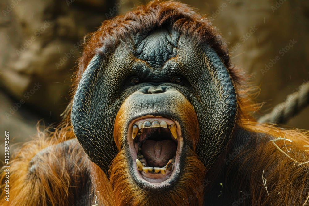 A close-up of a roaring orangutan, baring its teeth in a display of ...