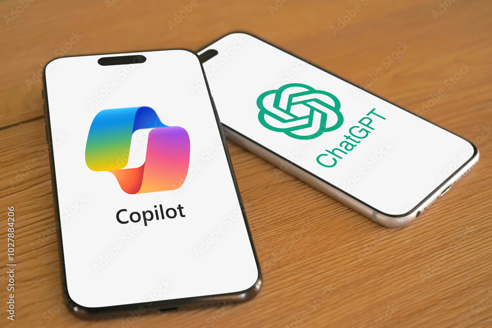 Microsoft Copilot and ChatGPT logos are displayed on two smartphones ...