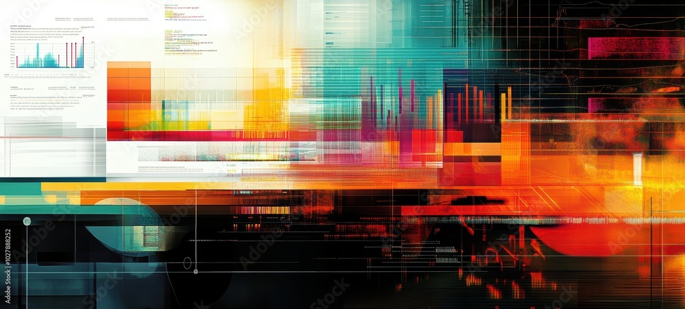 A corporate-style document layout with colorful, abstract charts ...