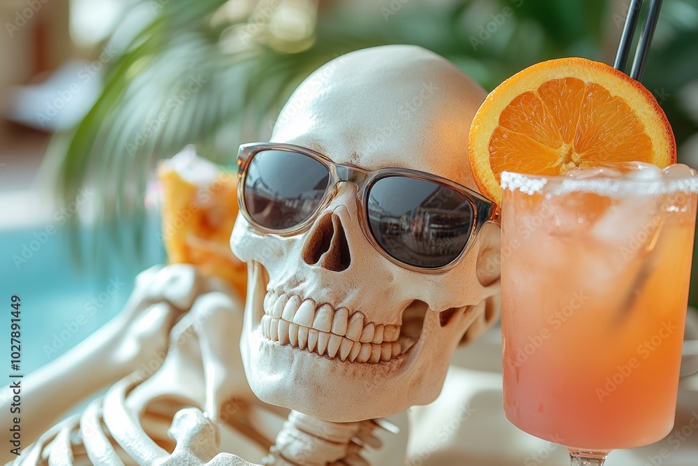 Skeleton is laying on a beach chair with a drink in his hand. The ...