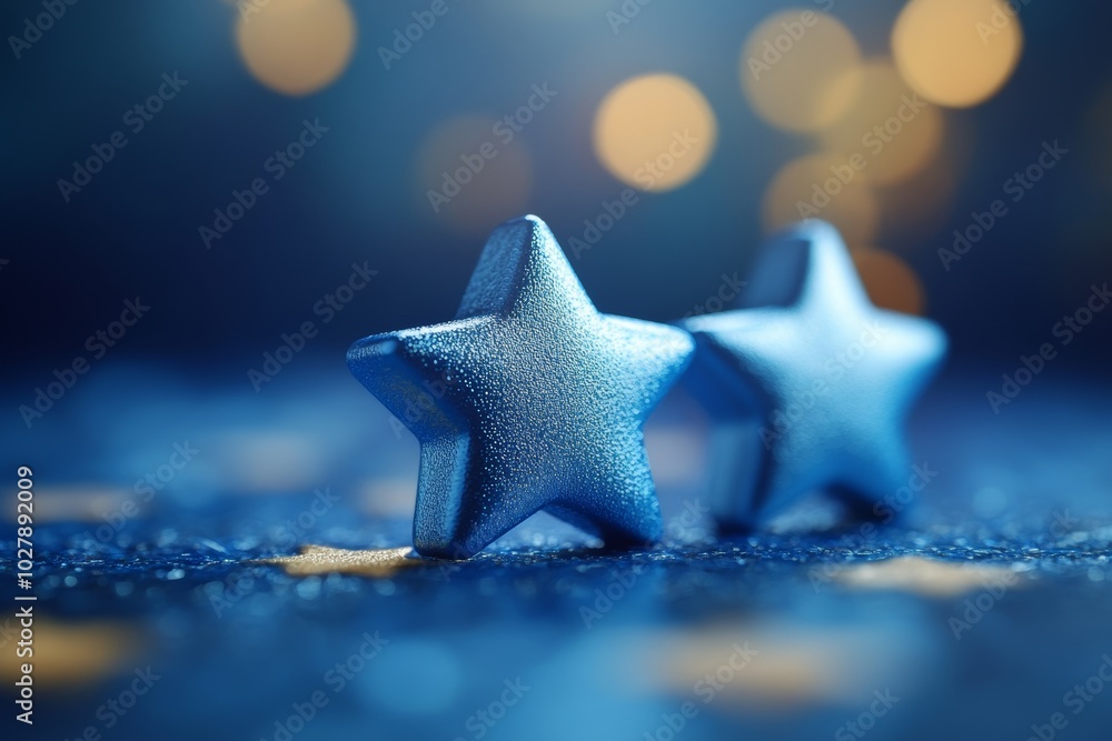 2 blue stars on a black object. object has colorful look. Rating slider ...