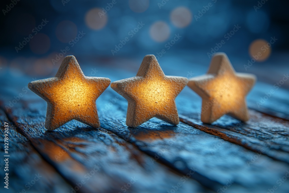 3 yellow stars on a blue object. object has wooden look. Rating slider ...