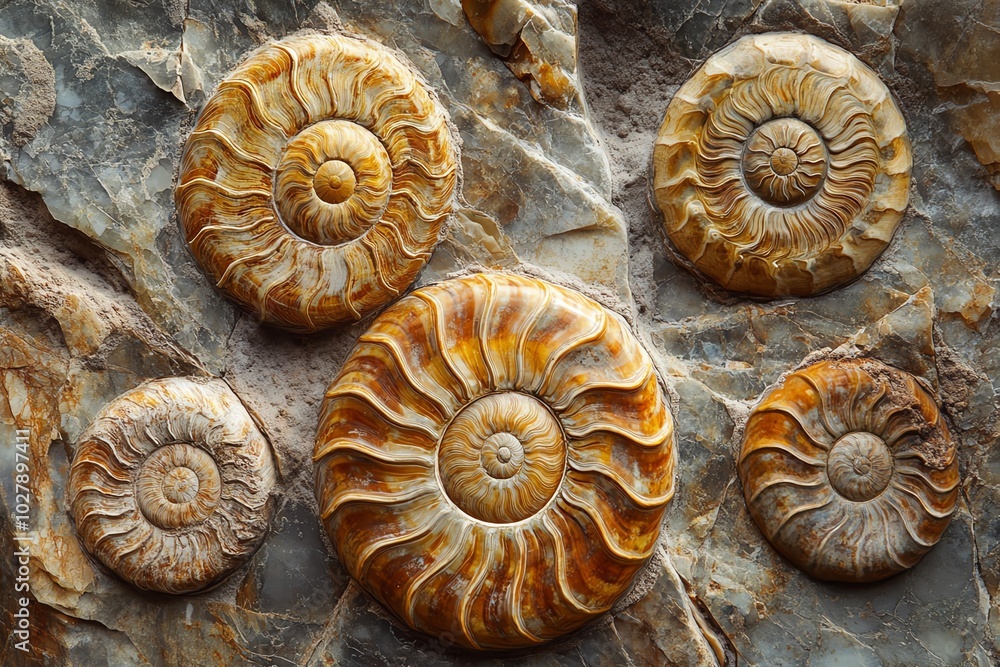 Ancient ammonite fossils embedded in rock, showcasing spiraled patterns ...