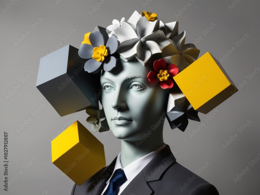 statue of a face woman in a suit, whose face consists of flowers and ...