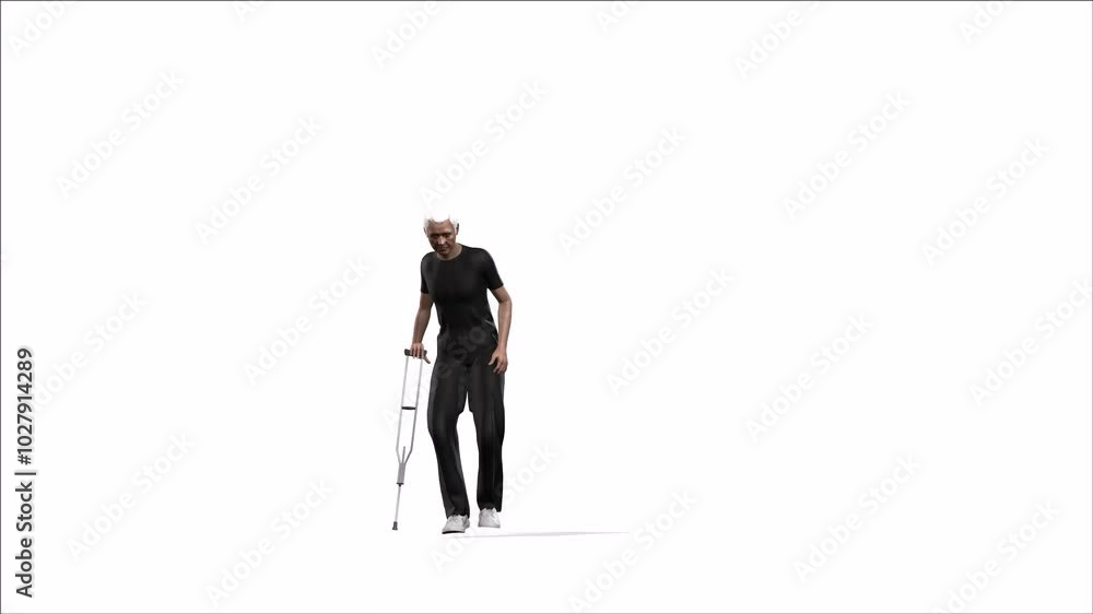 4k old man holding axillary crutch and walking near in weakness ...