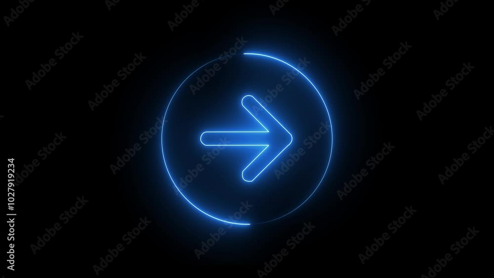 Neon right arrow sign with neon circle animation. pink color neon line ...