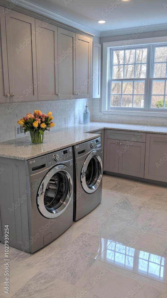 This laundry room showcases a modern design with gray cabinets, two ...