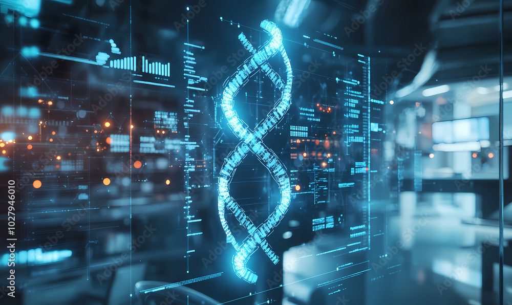 Digital double helix with DNA strands and a digital globe, symbolizing ...