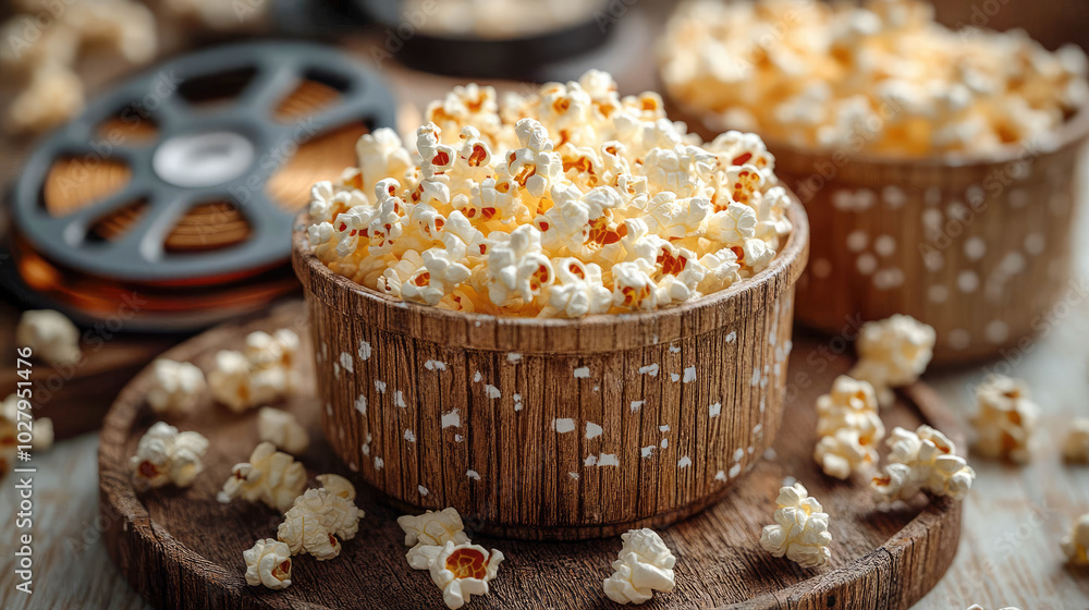 Buckets filled with buttery popcorn next to a film reel on a wooden ...