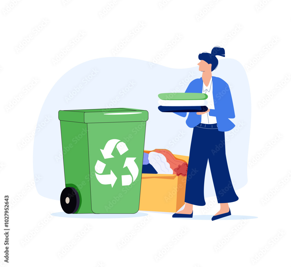 Recycling illustration set. People characters buying recycling textile ...