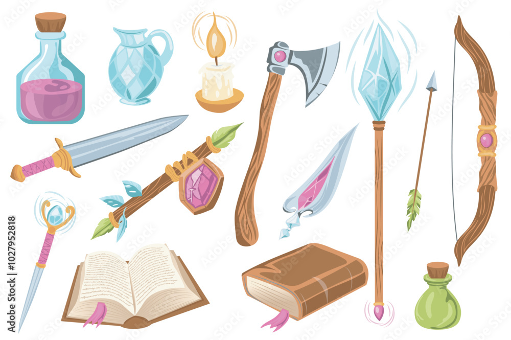 Fantasy magic weapons mega set elements in flat graphic design. Collection objects of potion ...