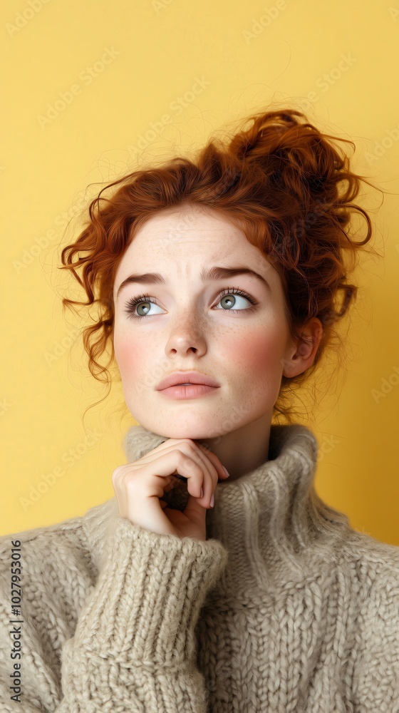 Young irish woman with red hair in a turtleneck sweater gazes up ...