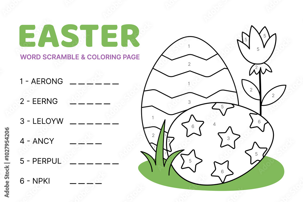 Word scramble and cloring page with Easter eggs in grass. Cartoon ...
