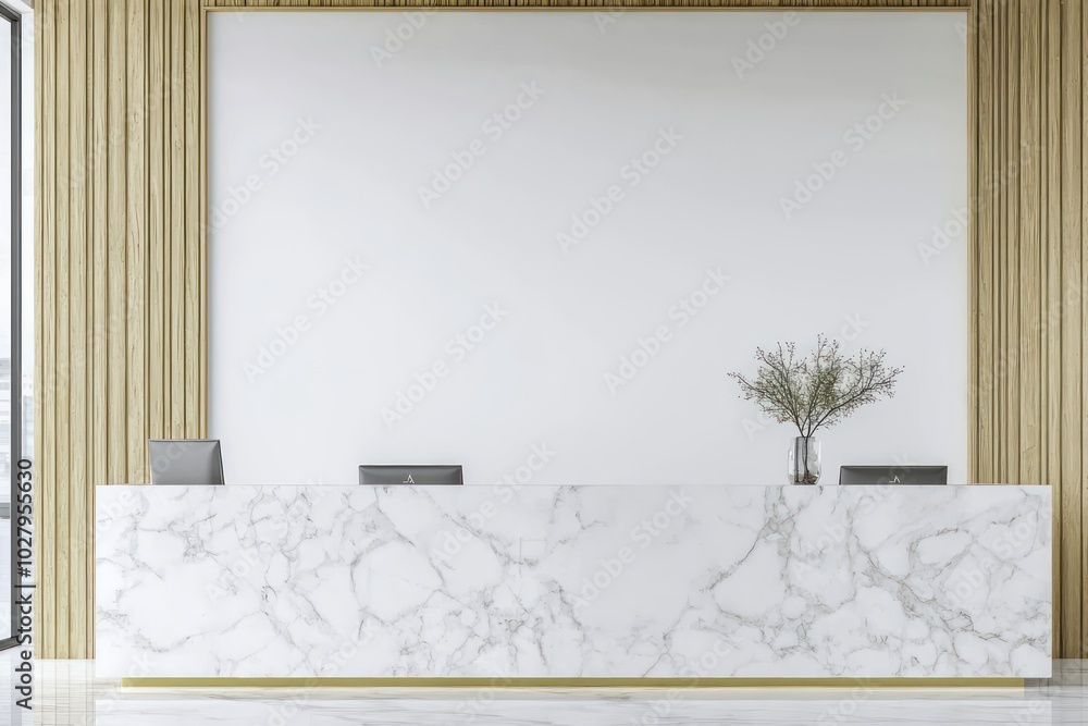 Elegant office reception with a white wall for mockups, marble surface ...
