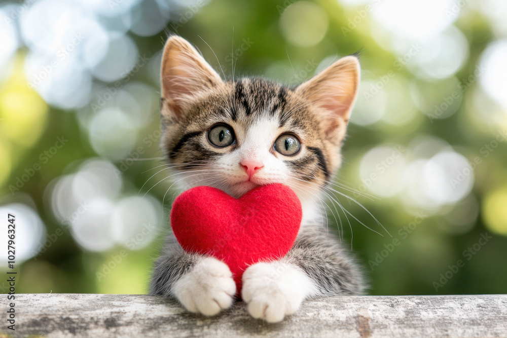 Little cat holding red heart in hands. Love, help, social ...