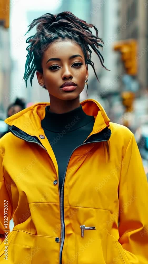 Street-style fashion shoot with a model wearing a bold, oversized ...