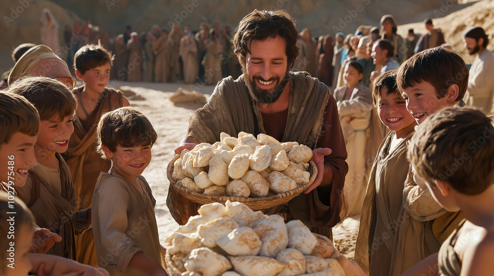 Yeshua feeds a multitude with five loaves and two fish, surrounded by ...