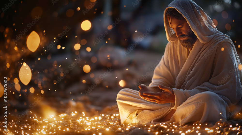 Yeshua prays in the Garden of Gethsemane, with glowing signs of divine ...