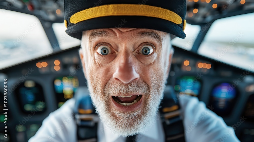 An elderly pilot with a beard shows a shocked facial expression inside ...