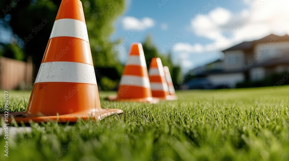 Orange and white traffic cones line a vibrant green lawn under a clear ...