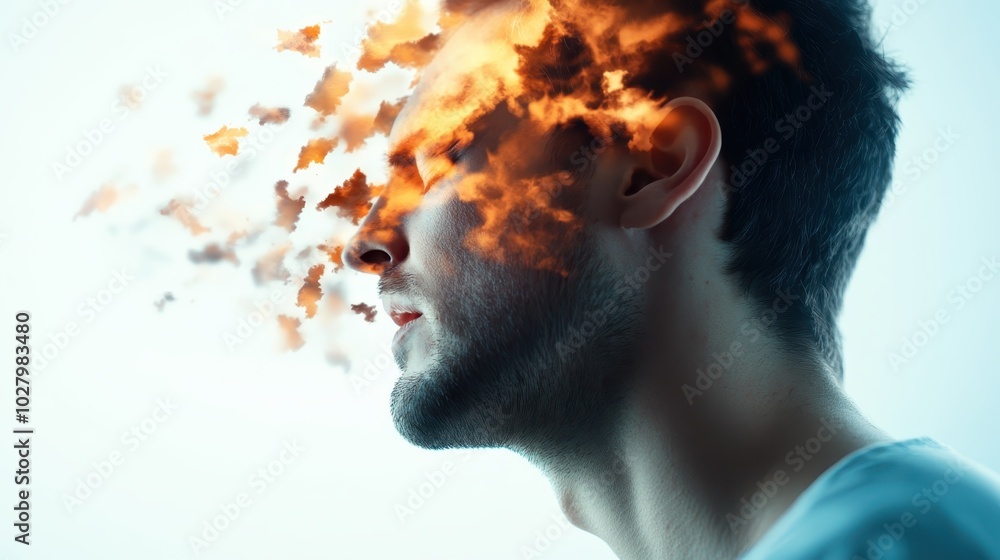 An artistic depiction of a man whose head is transforming into flames ...