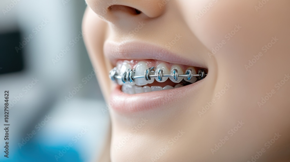 Close-up image showing a confident smile with silver metal braces on ...