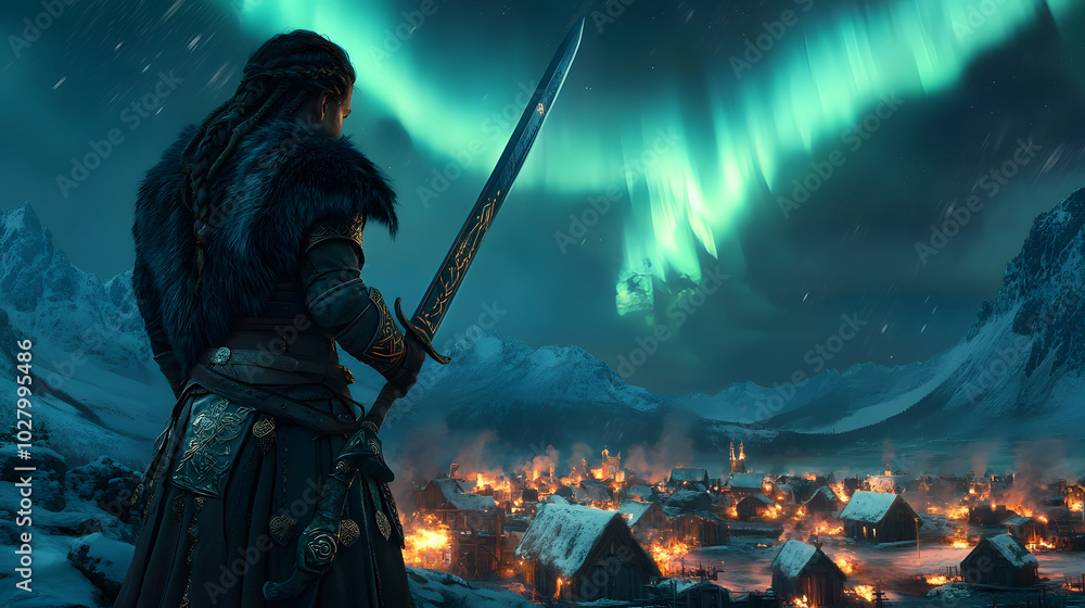 Majestic Viking Woman Wielding a Sword Under the Aurora Borealis: A ...