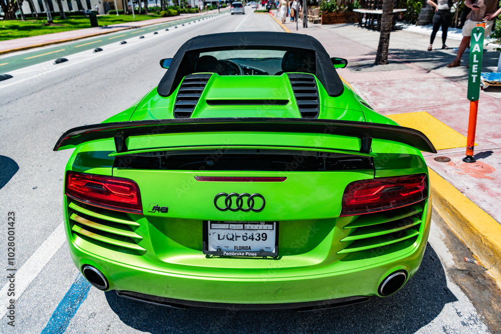 Miami Beach, Florida USA - June 5, 2024: 2014 Audi R8 green luxury car ...