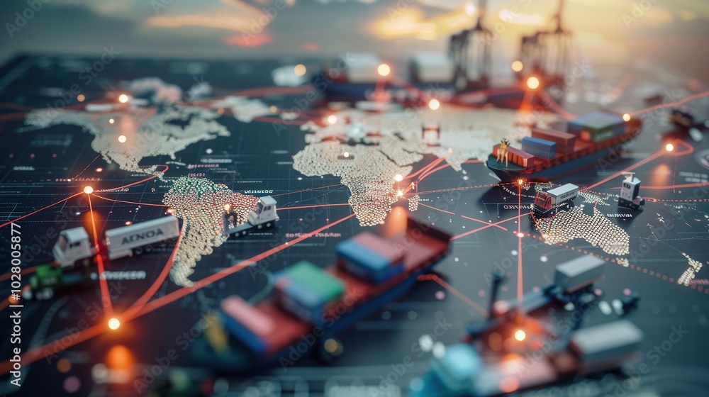 A detailed map showcasing global transport routes, featuring icons of ...