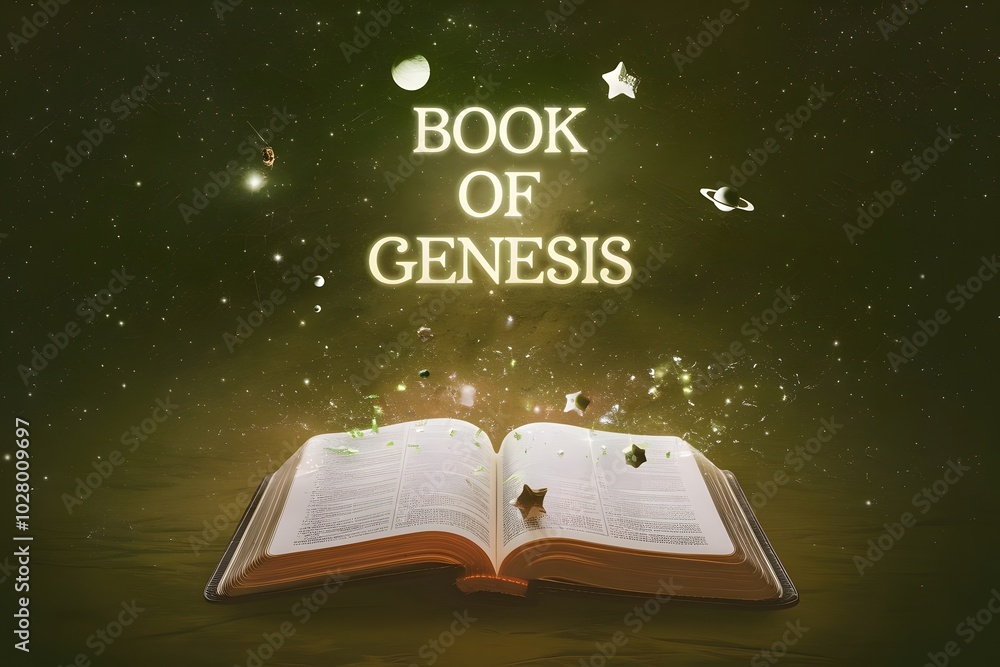 A Bible glows softly in the middle of a void, with Book of Genesis ...