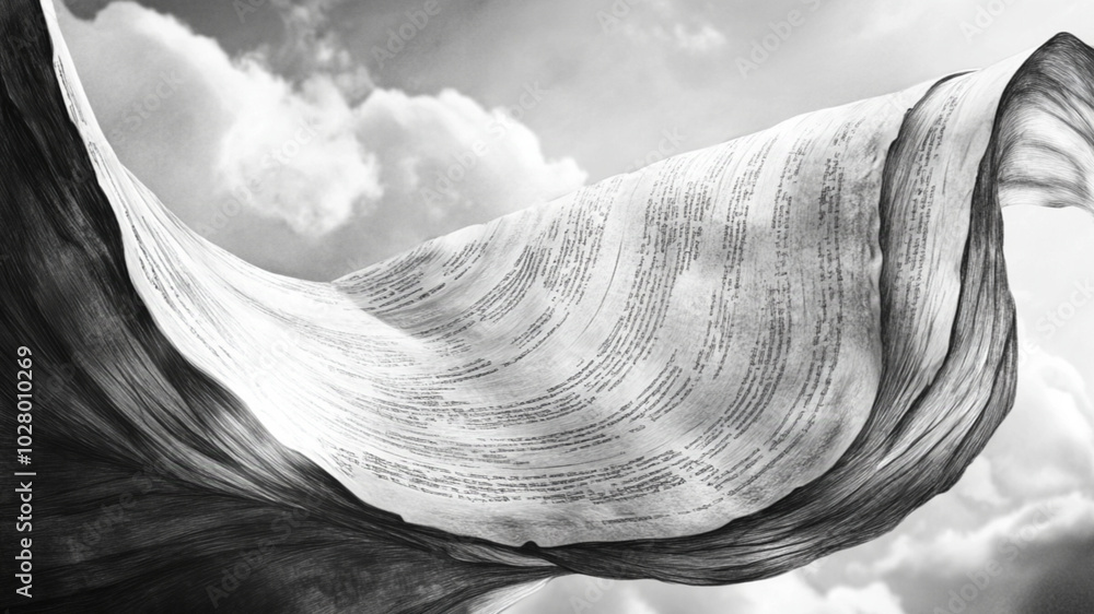 an illustration close up of a single page of paper blowing in the wind ...