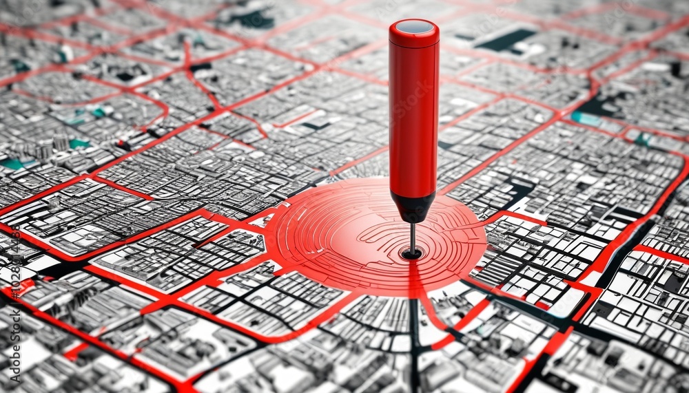 A vivid image of a glossy red pinpoint marker on a digital street map ...