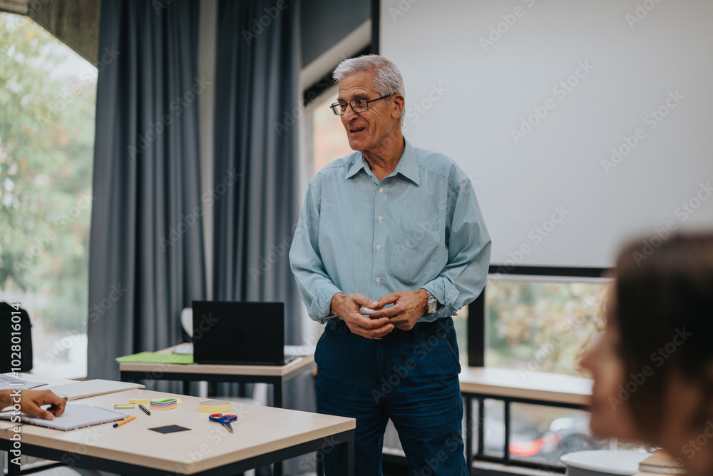 An experienced professor stands before a group of students, sharing ...