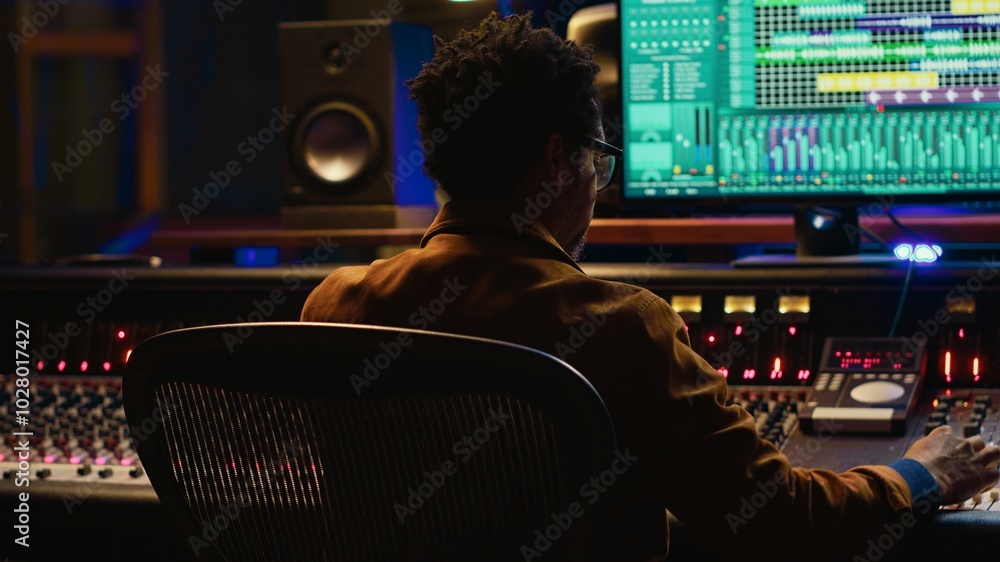 African american sound designer mixing and mastering tracks in ...