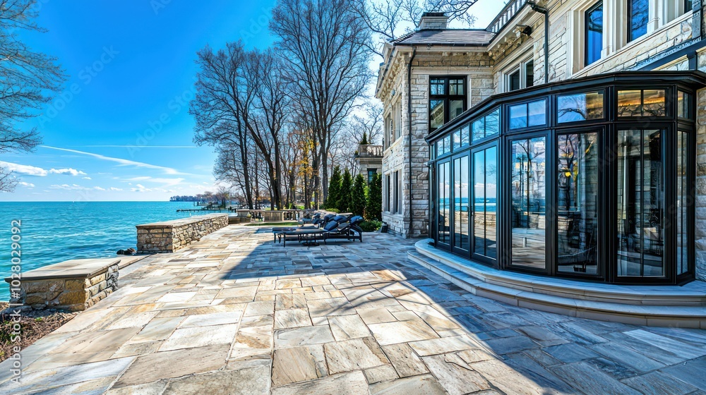 Expansive view of a luxurious home on Lake Michigan with a stone patio ...