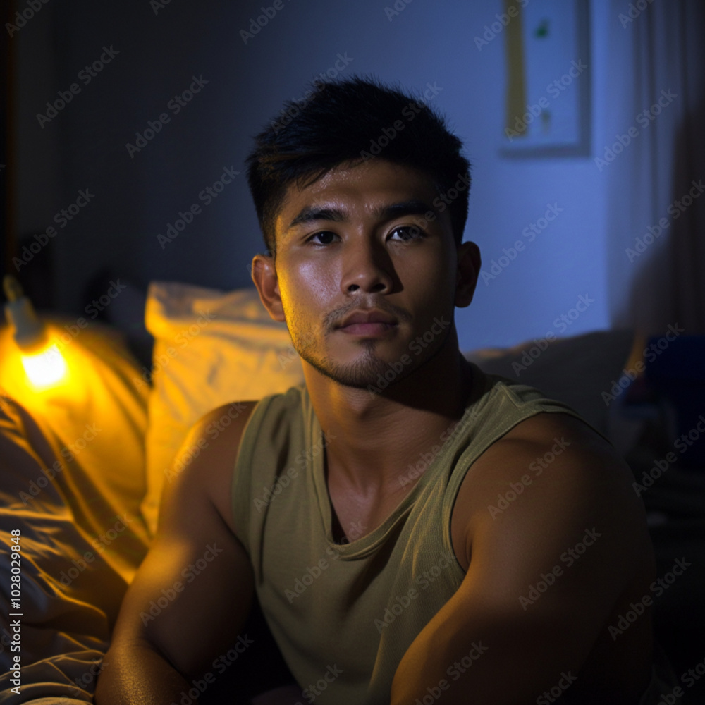 25 year old filipino man about to go to bed wearing sleeveless shirt ...