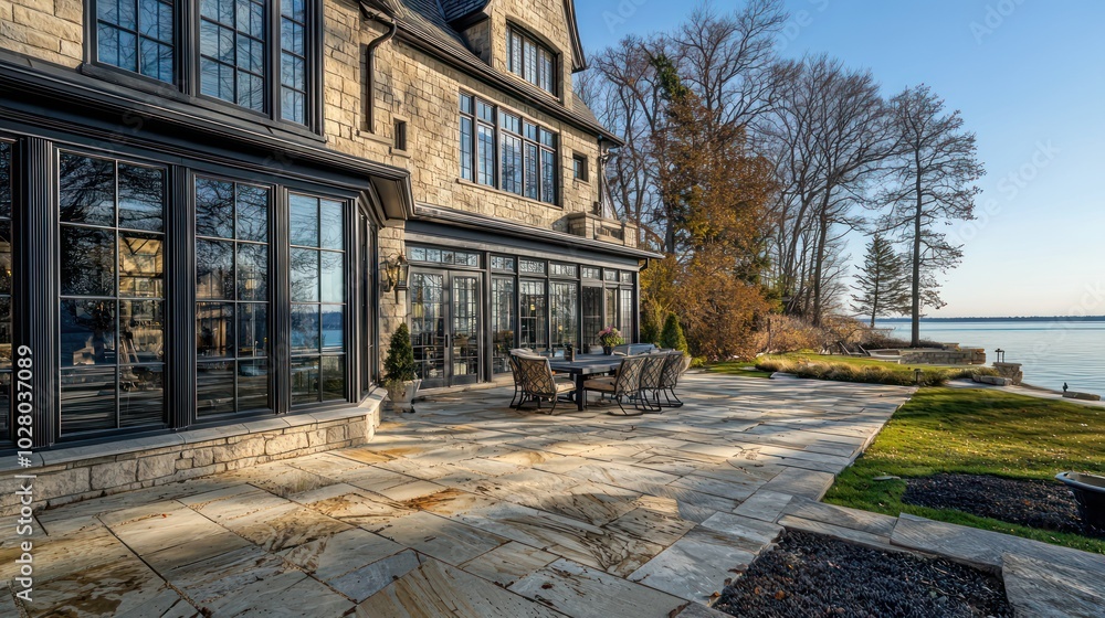 Luxurious lakeside home on Lake Michigan with large windows and a stone ...