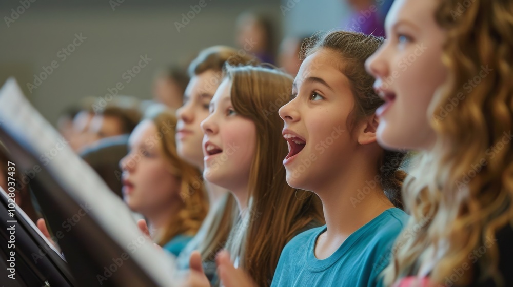 Young girls sing in a choir, their voices raised in a joyful ...