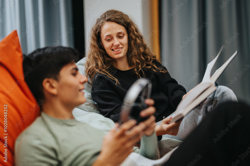 Two high school students engage in a collaborative study session ...