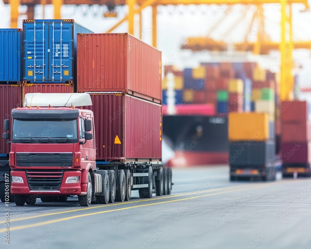 A red truck transporting cargo containers at a busy shipping port with ...